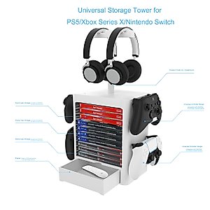 Joytorn Games Storage Tower(Up to 10 Games) for PS5,Game Disk Rack and Controller/Headset Stand Holder Compatible with Xbox Series X|S/Nintendo Switch/PS4