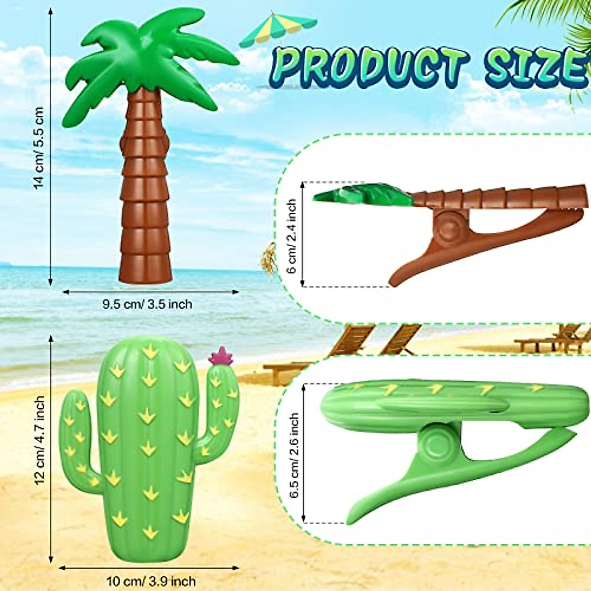 16 Pcs Beach Towel Clips Portable Chair Holders Bright Color Towel Clips Plastic Cute Clothes Pins Parrot Watermelon Flamingo Ice Cream Pineapple Cactus Coconut Trees for Holiday Pool Patio, 8 Styles