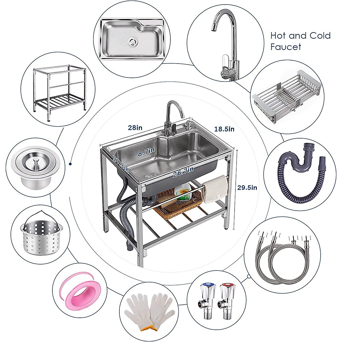 Stainless Steel Utility Sink Single Bowl Commercial Restaurant Kitchen Sink with Storage Shelve Laundry tub & Hot and Cold Faucet Free Standing Sink for Laundry Backyard Garage(28x18.5x29.5in)
