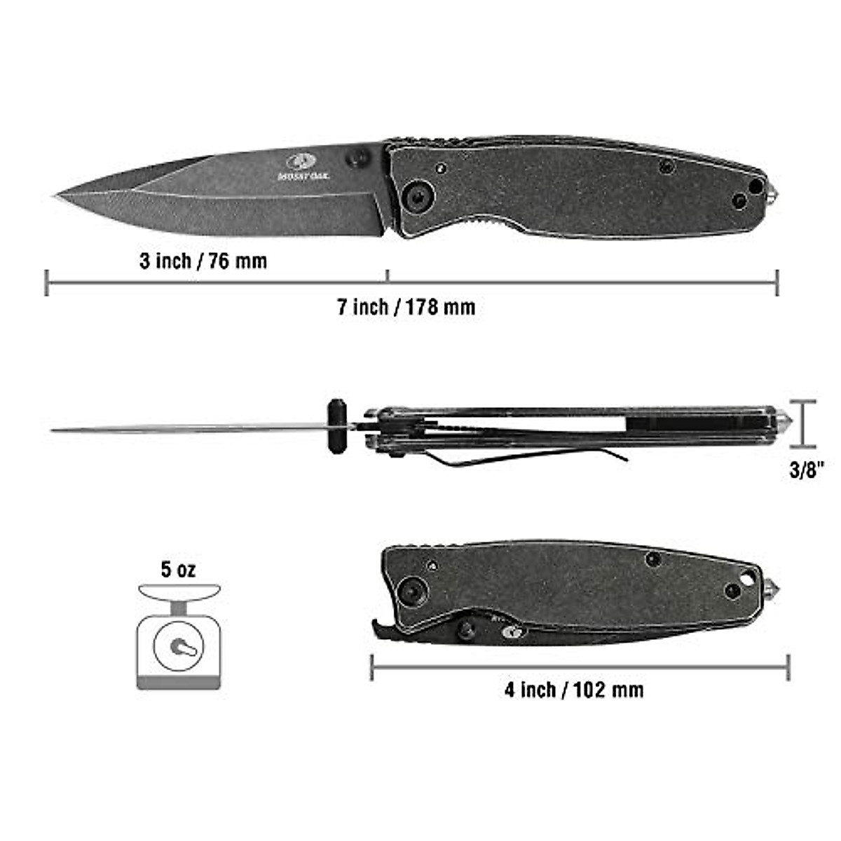 Mossy Oak Folding Pocket Knife - 7 inch EDC Stainless Steel Drop Point Blade Knife - Multi-Functional Tool with Bottle Opener - Liner Lock Handle (Black Stone Wash)