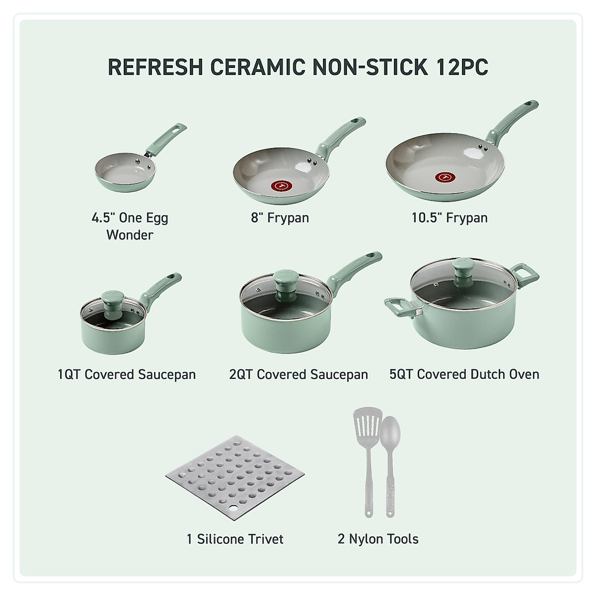 T-fal Refresh Ceramic, Ceramic Non Stick Cookware Set 12 Piece, Oven Broiler Safe 350F, Cookware, Kitchen Cooking Set w/Fry Pans, Saucepans & Kitchen Utensils, Pots and Pans Set Non Stick, Mint Green