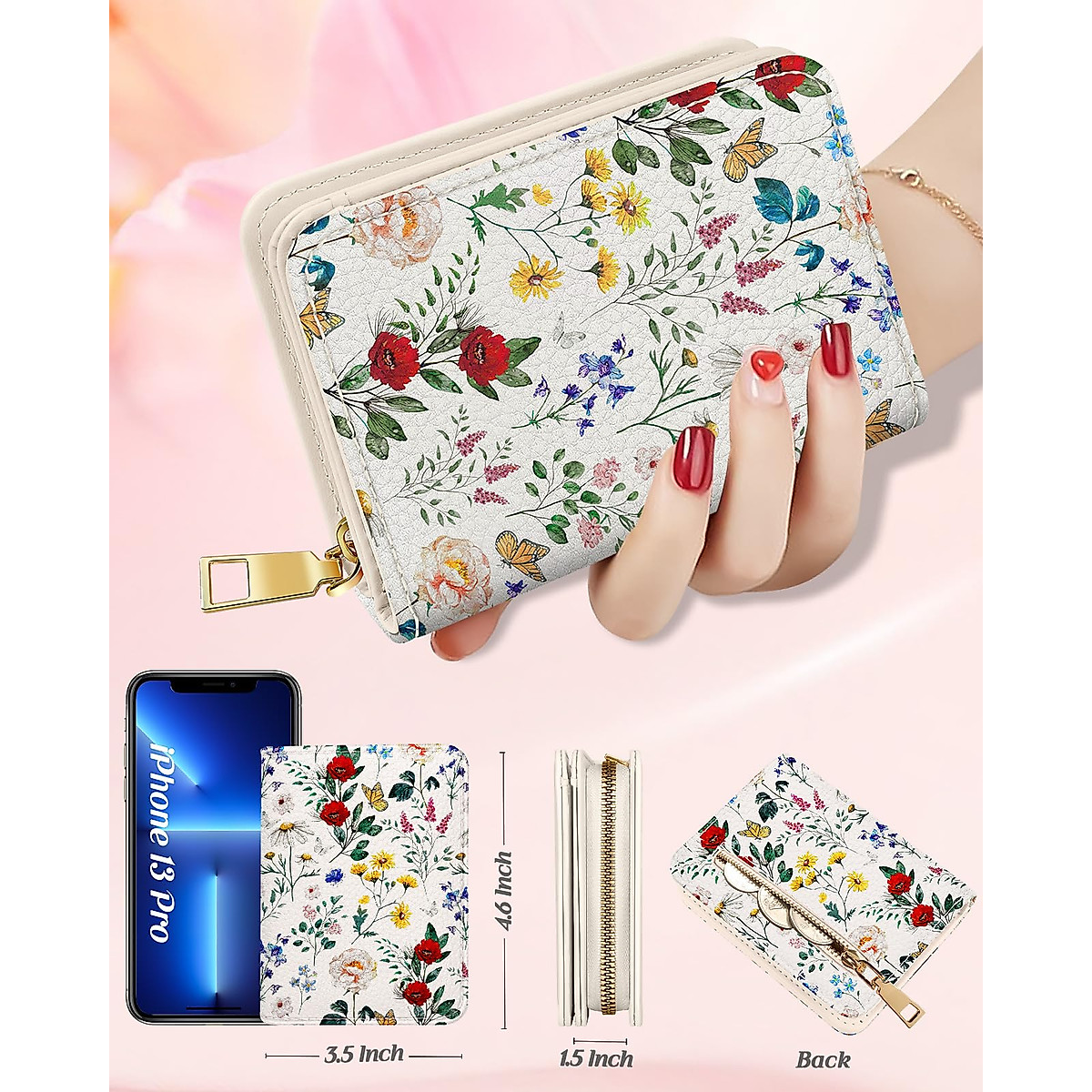 Bistup Credit Card Holder Wallet for Women Cute Leather Ladies Teen Girls Female Cardholder Wallets Accordion Purse Small Medium Aesthetic Print Flower Floral Modern Design Rfid Zipper Around