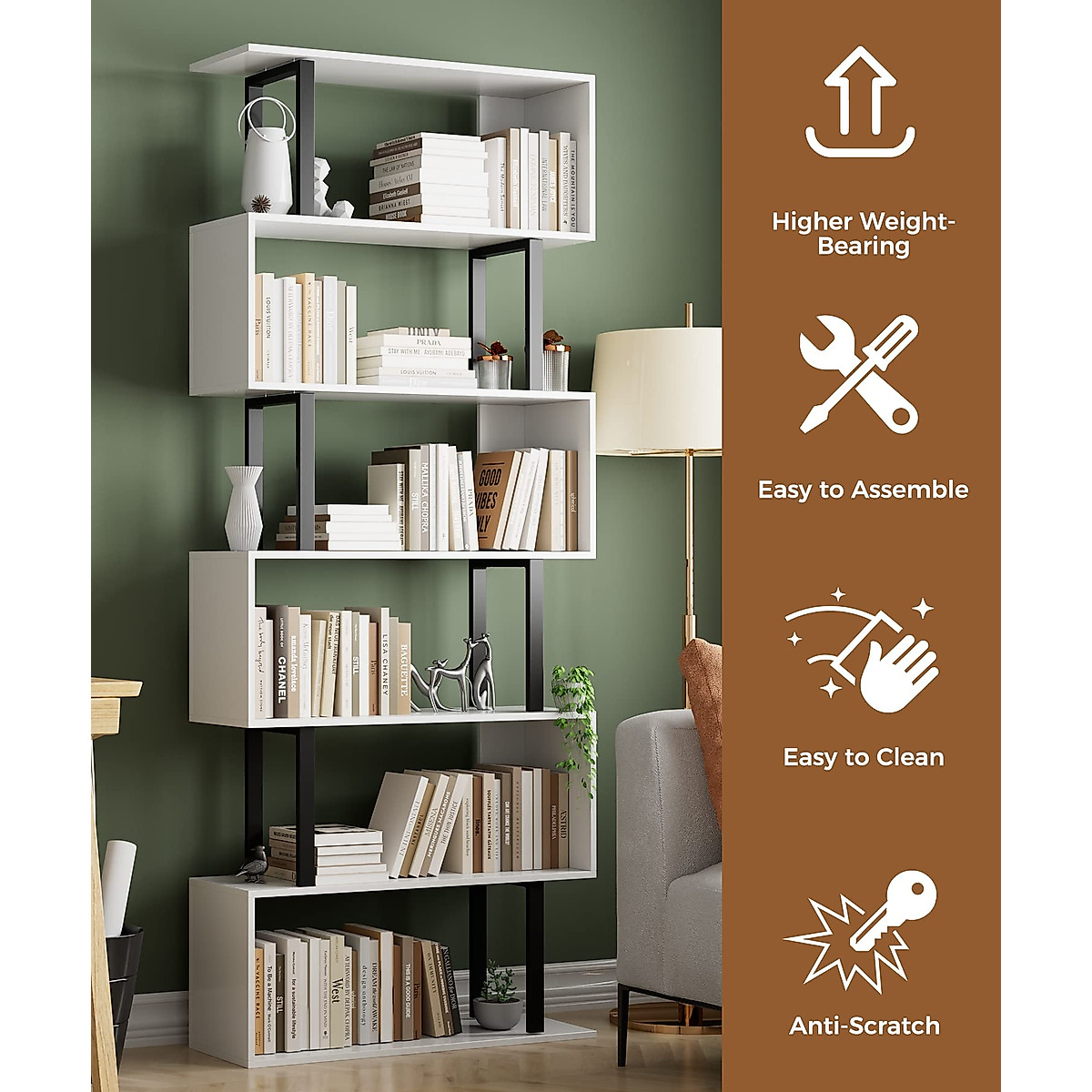 Gadroad 6 Tier Geometric Bookcase,S Shaped Bookshelf, Wood Decorative Storage Shelving, Modern Freestanding Display Shelves, Tall Book Shelf Unit for Living Room Bedroom, White