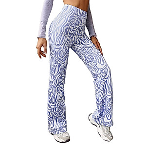 WDIRARA Women's Flare Leg All Over Print Tummy Control High Waisted Bootcut Yoga Pants Blue and White L