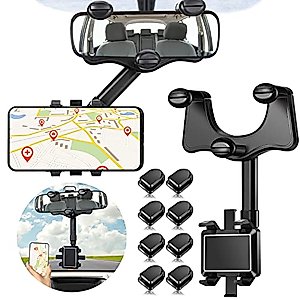 Rearview Mirror Phone Holder for Car, Universal 360° Rotating Rear View Mirror Phone Mount with Adjustable Arm Length, 8 Mask Holder for Car Multifunctional Phone and GPS Holder for Most Smartphones