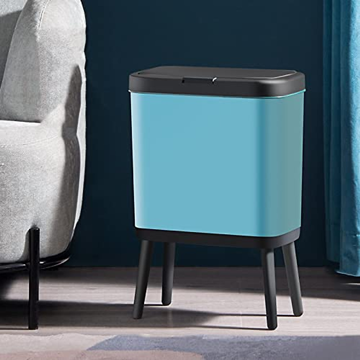 URALFA Slim Trash Can for Kitchen, 4 Gallon Narrow Garbage Can with Press Top Lid, Small Plastic Trash Bin Modern Garbage Bin Waste Basket for Home, Bedroom, Toilet, Living Room & Office, Blue