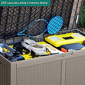 YITAHOME 100 Gallon Large Deck Box w/Storage Net, Resin Outdoor Storage Boxes, Waterproof Patio Cushion Storage Bench for Patio Furniture, Pool Supplies, Garden Tools- Rattan,Lockable (Light Brown)