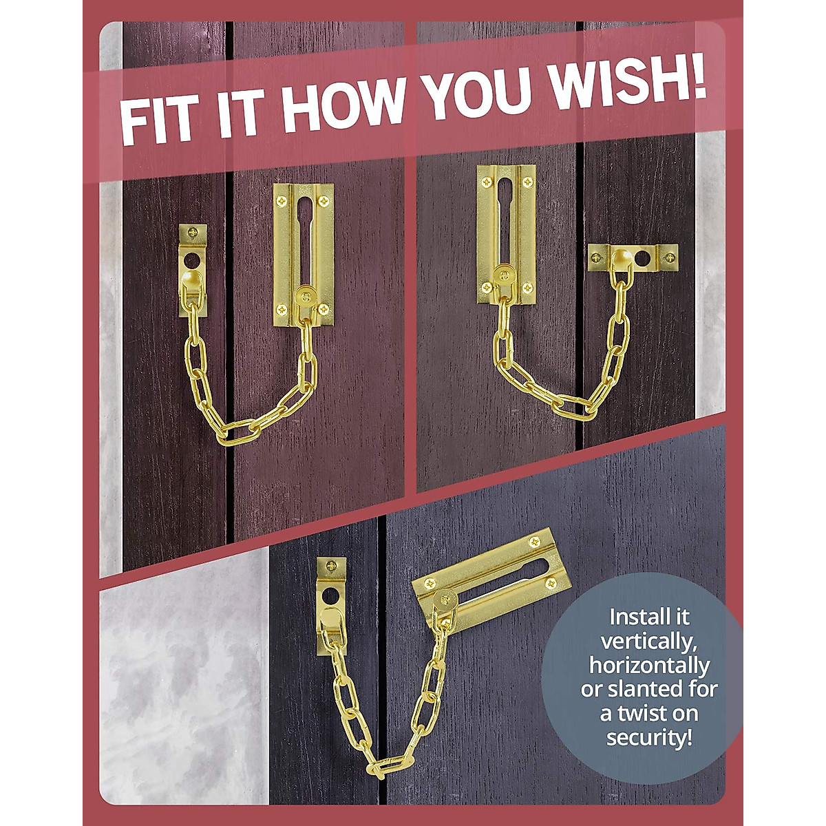 Jack N’ Drill Chain Door Guard with Lock - 2 Pack Chain Lock Door Guard, Sturdy & Rust-Resistant Steel Chain Locks for Inside Door and Extra Front Door Lock, 100% Child Safe (Brass Plated)