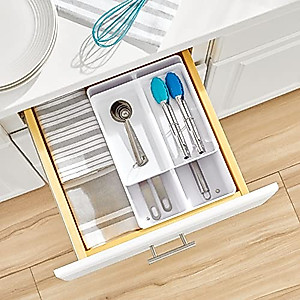 mDesign Plastic Stackable Kitchen Storage Drawer Organizer Bin with 2-Tier Tray for Cabinet, Pantry, Drawer, Refrigerator, Freezer - Hold Utensils, Flatware, Appliances - Ligne Collection - White
