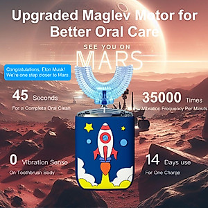 Geacker Kids U Shaped Electric Toothbrush Ultrasonic Automatic Brush with 5 Brush Head 6 Clean Modes IPX7 Waterproof Whole Mouth Rechargeable Smart Timer Toothbrushes for Children Age 2-7 (Blue)