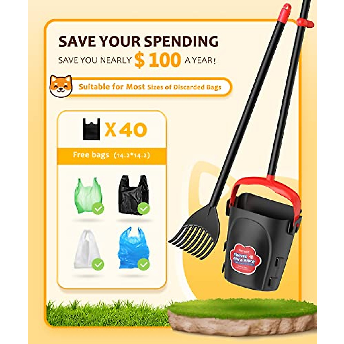 PETNOZ LIFE Large Swivel Bin & Rake Pooper Scooper with 40 Waste Bags, 36" Long Handle & 4 Bag Hooks Adjustable Dog Pooper Scooper for Large Dogs and Pets, Portable Non-Breakable Dog Poop Scooper