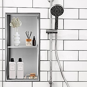 Sanbege 12"×24" Shower Niche with Divider, Brushed Stainless Steel Bathroom Shelf Insert, Double Recessed Shower Caddy Fits for 10-7/8" x 22-7/8" Wall Hole Installation (Nickel)