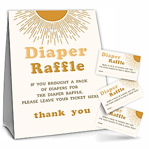 YKYENR Retro Sun Diaper Raffle Baby Shower Party, Diaper Raffle Game Kit，1 Diaper Raffle Standing Sign & 50 Tickets, Boho Sun Baby Shower Decorations，Party Favor And Supplies-NBLK-A01