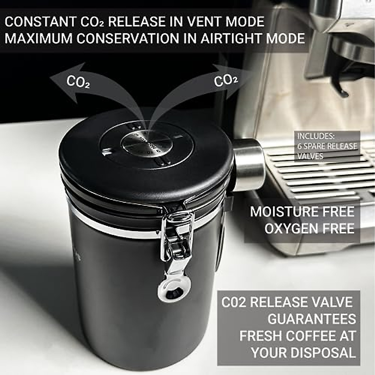 NoctiXus Stainless Steel Coffee Canister/Container for Airtight Food Storage with Date Tracker. Scoop and Release Valves Included. 22 Oz. Black