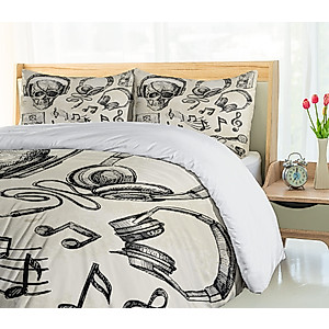 Ambesonne Music Duvet Cover Set, Sketchy Background Hipster Skull Headphones Record Player Mic Speakers Print, Decorative 3 Piece Bedding Set with 2 Pillow Shams, Queen Size, Beige Black