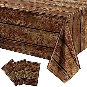 Brown Wood Grain Tablecloths Rustic Plastic Table Covers for Rectangle Table, Vintage Farmhouse Style Table Cloth Decorations for Western Barn Themed Birthday Wedding Party, 54 x 108 Inch (3 Pieces)