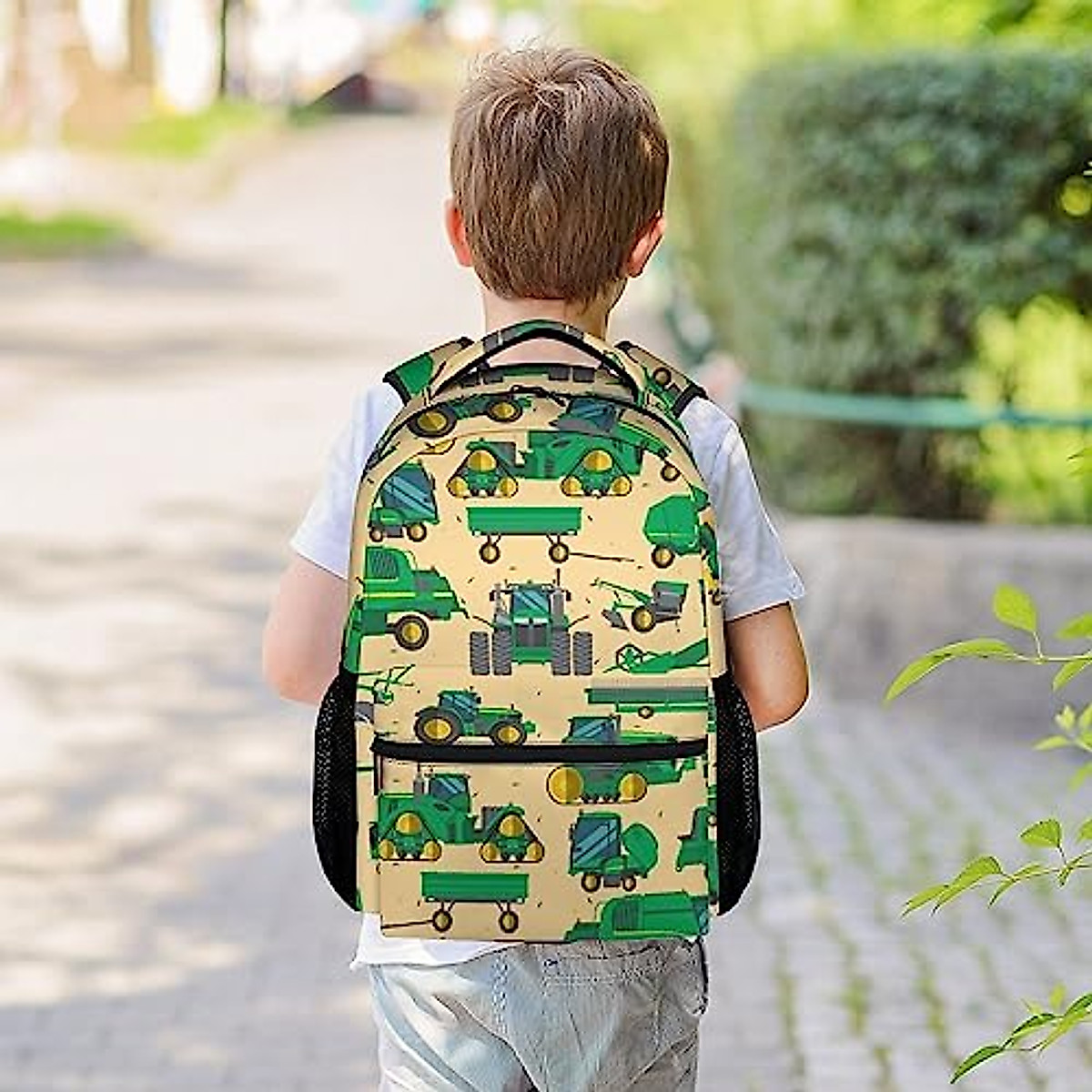 AIOMXZZ Tractor School Backpack for Kids, 16 Inch Green Backpacks for Boys, Cartoon, Durable, Lightweight, Large Capacity Bookbag for Travel