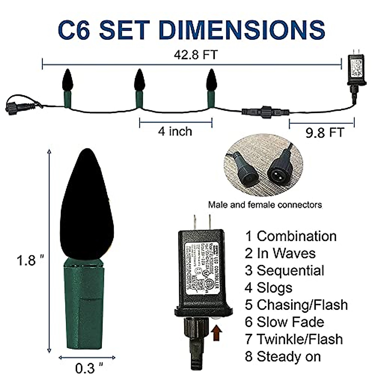 Dazzle Bright C6 Christmas String Lights, 100 LED 33 FT Outdoor Christmas Lights Waterproof Connectable, 8 Modes Christmas Lights for Indoor Outdoor Home Garden Yard Xmas Tree Decorations (Warm White)