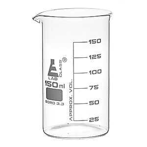 EISCO Beaker, 150ml - Tall Form with Spout - White, 25ml Graduations - Borosilicate 3.3 Glass