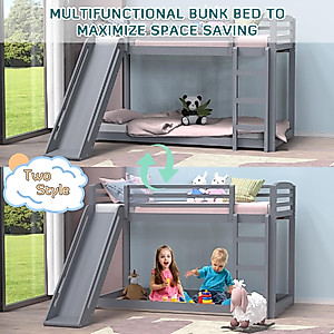 DreamBuck Bunk Bed with Slide, Solid Wood Twin Over Twin Bunk Bed with Ladder and Safety Guardrails, Floor Bunk Bed for Kids Boys Girls, Low Bunk Bed Space-Saving, Easy Assembly, Grey