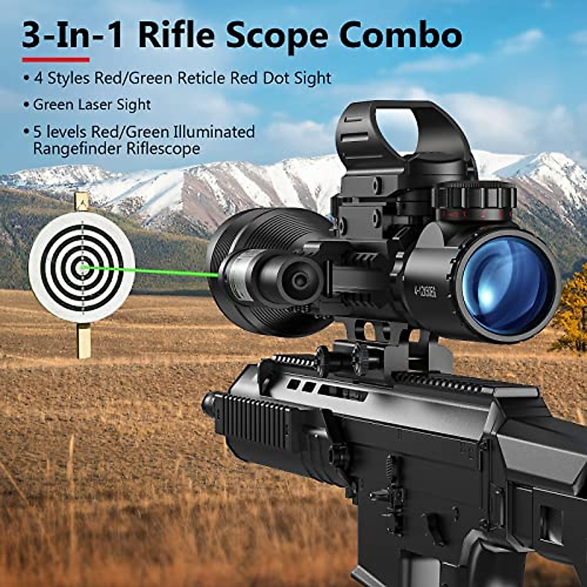 MidTen Riflescope Combo 4-12x50EG Dual Illuminated Optics & IIIA/2MW Laser Sight & 4 Holographic Reticle Red/Green Dot Sight & 20mm Scope Mount