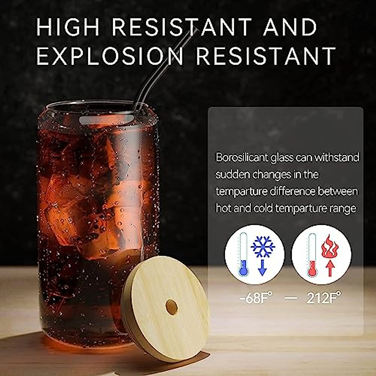 4PCS Glass Cups with Bamboo Lids and Glass Straws, 16oz Drinking Glasses Can Shaped Glass Cups, Beer Glasses, Iced Coffee Cups, Ideal for Gift, Wine, Cocktail- 2 Cleaning Brushes