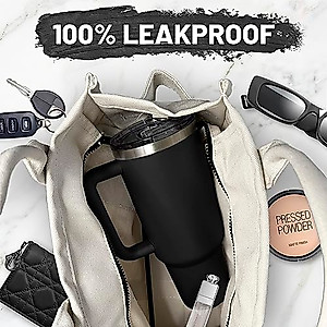 Crave Cups 40oz Tumbler With Handle And Straw l Insulated Stainless Steel Double Wall Spill Proof Water Bottle Travel Mug l Cupholder Friendly Vacuum Sealed Tumblers With Lid (Black)