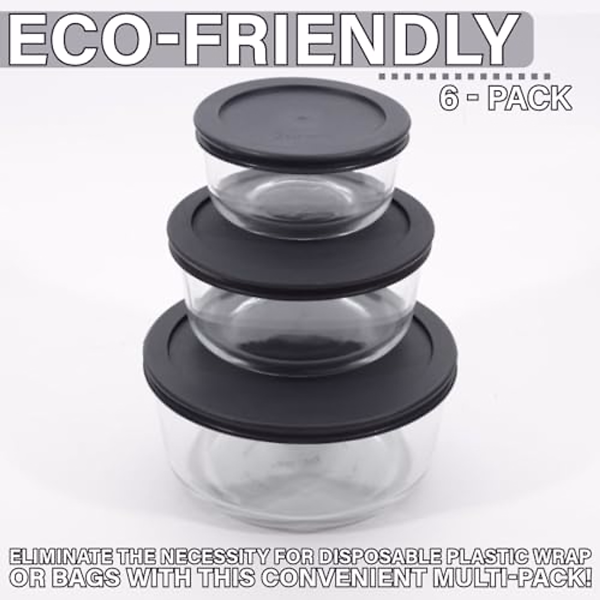 CIBI Food Storage Container Lids (2 Cups, Black - 6PK) Compatible with Pyrex and Anchor Round Glass Containers, Dishwasher and Microwave Safe Replacement Lids