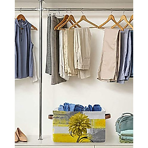 Yellow Dahlia Watercolor Plant Lines Cube Storage Organizer Bins with Handles,15x11x9.5 Inch Collapsible Canvas Cloth Fabric Basket,Abstract Modern Grey Yellow Oil Painting Art Books Toys Boxes