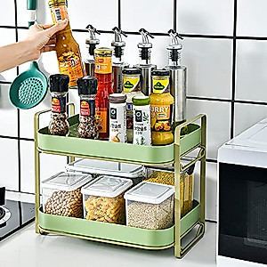 2-Tier Cups Mugs Drying Rack with Drain Tray, Tableware Fruit Storage Rack, Kitchen Countertop Organizer Shelf Tea Tray for Water Coffee Glass Cup Bowls Food and Seasoning Jar Holder (Green)