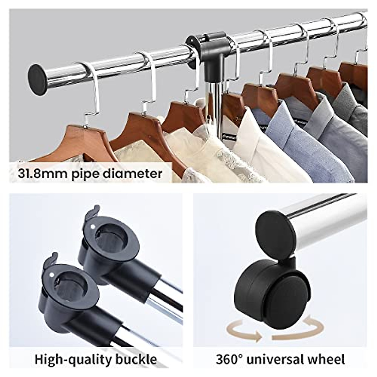 LiaMeE Freestanding Rolling Adjustable Clothes Rack for Wardrobe with Single Bar, Laundry Room Organization Shelves, Vertical Hanging Rack for Commercial Displaying, L44.9 x W20.1 x H63 in