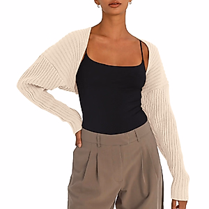 LILLUSORY Womens Crop Cardigans Sweater Bolero Shrug Y2K Cute Tops Fall Fashion Trendy Long Sleeve Outfit 2025 Light Apricot Medium