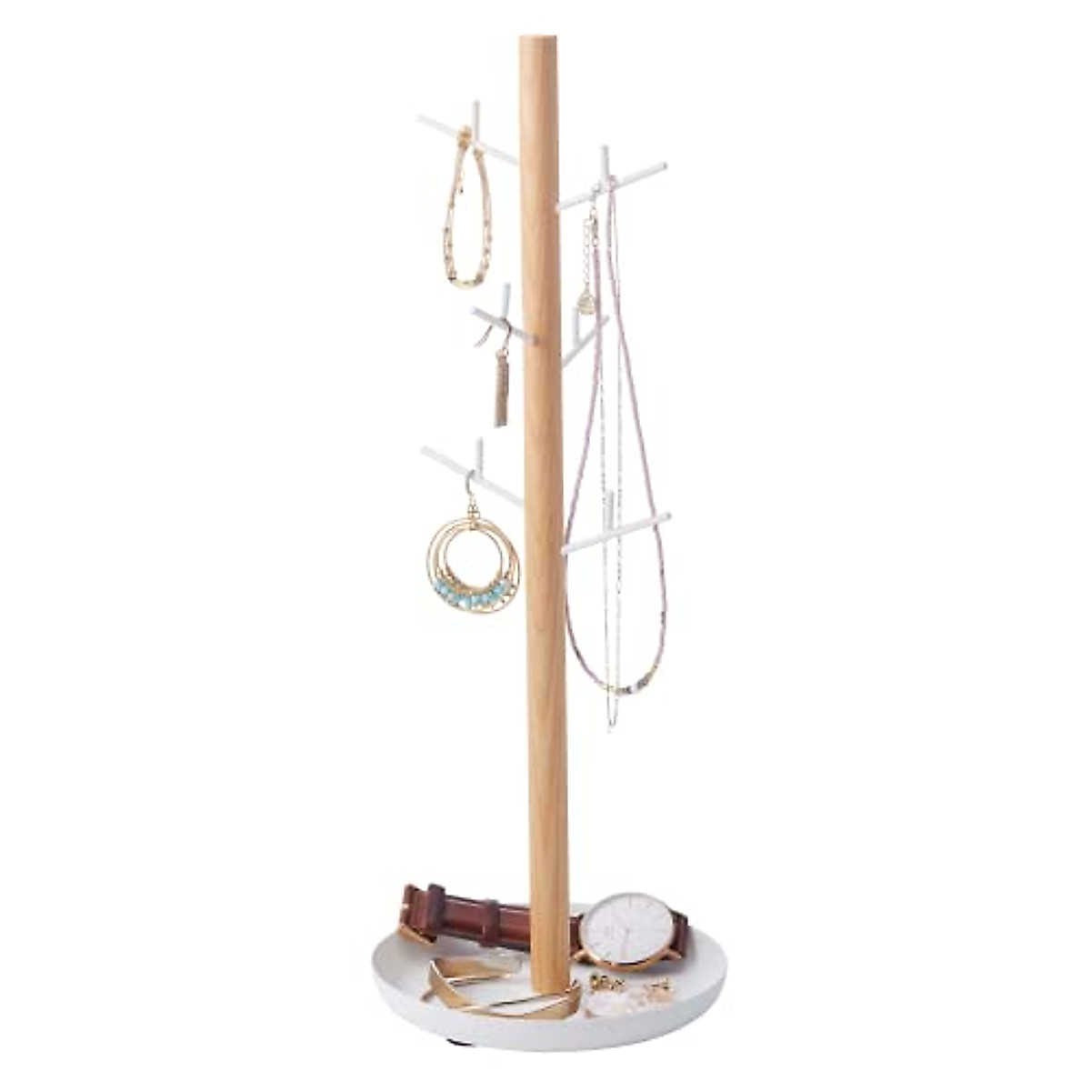 YAMAZAKI Home Tosca Accessory Tree - Jewelry Organizer Stand With Tray - Steel + Wood,White