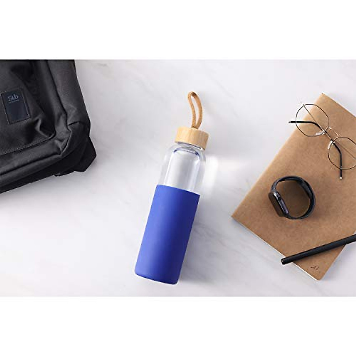 Vucchini Leak Proof Glass Water Bottle With Silicone Sleeve - Borosilicate Glass Sports Water Bottle With Lid - Reusable BPA Free 17oz Blue