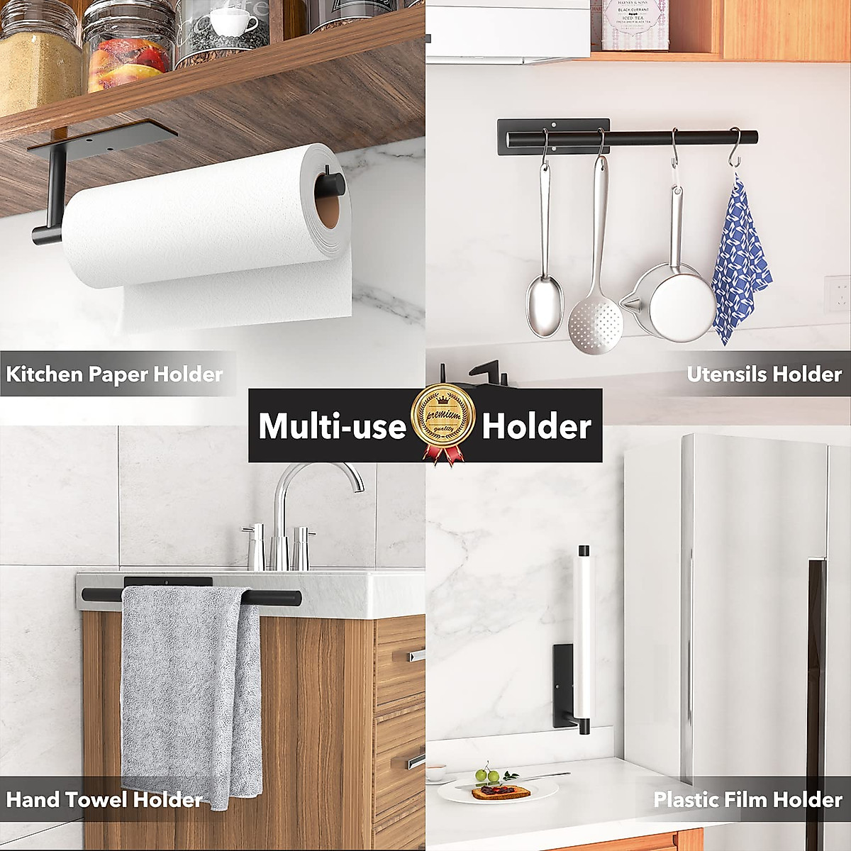 Paper Towel Holder Under Cabinet - Self-Adhesive or Drilling, Paper Towel Holder Wall Mount, Towel Rack for Kitchen Organization and Storage, Stainless Steel Kitchen Paper Roll Holder