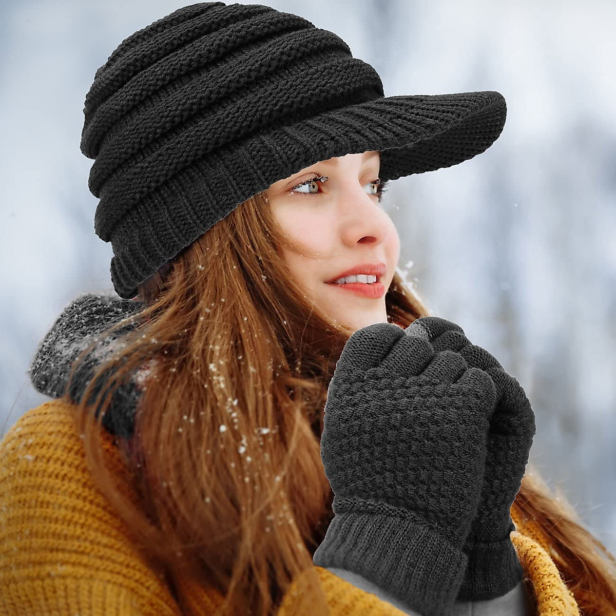 3 Pack Winter Knitted Brim Beanie Hats Gloves Scarf Set Warm Hat Scarf and Touchscreen Gloves for Men Women (Black)