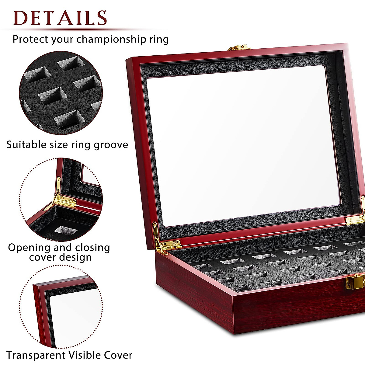 Championship Ring Display Case Wooden Baseball Ring Display Case Box Sports Baseball Ring Holder Championship Ring Box with PU Leather Lining for Multiple Rings, 30 Holes