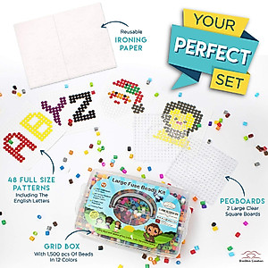 Fuse Beads kit of 1500 Large 10MM Melty Beads Perfect for Ages 4-7 with 48 Patterns and pegboard Arts and Crafts for Girls and Boys