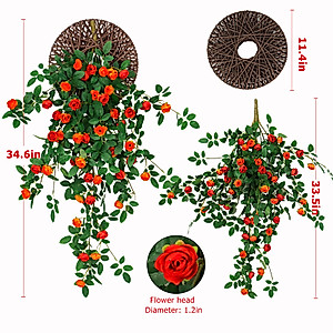RIDDSEE Artificial Hanging Flowers Rose with Basket - Fake Silk Floral Hanging Ivy Greenery Faux Flower Long Vines for Wall Home Room Garden Wedding Indoor Outdoor Decoration (Orange)