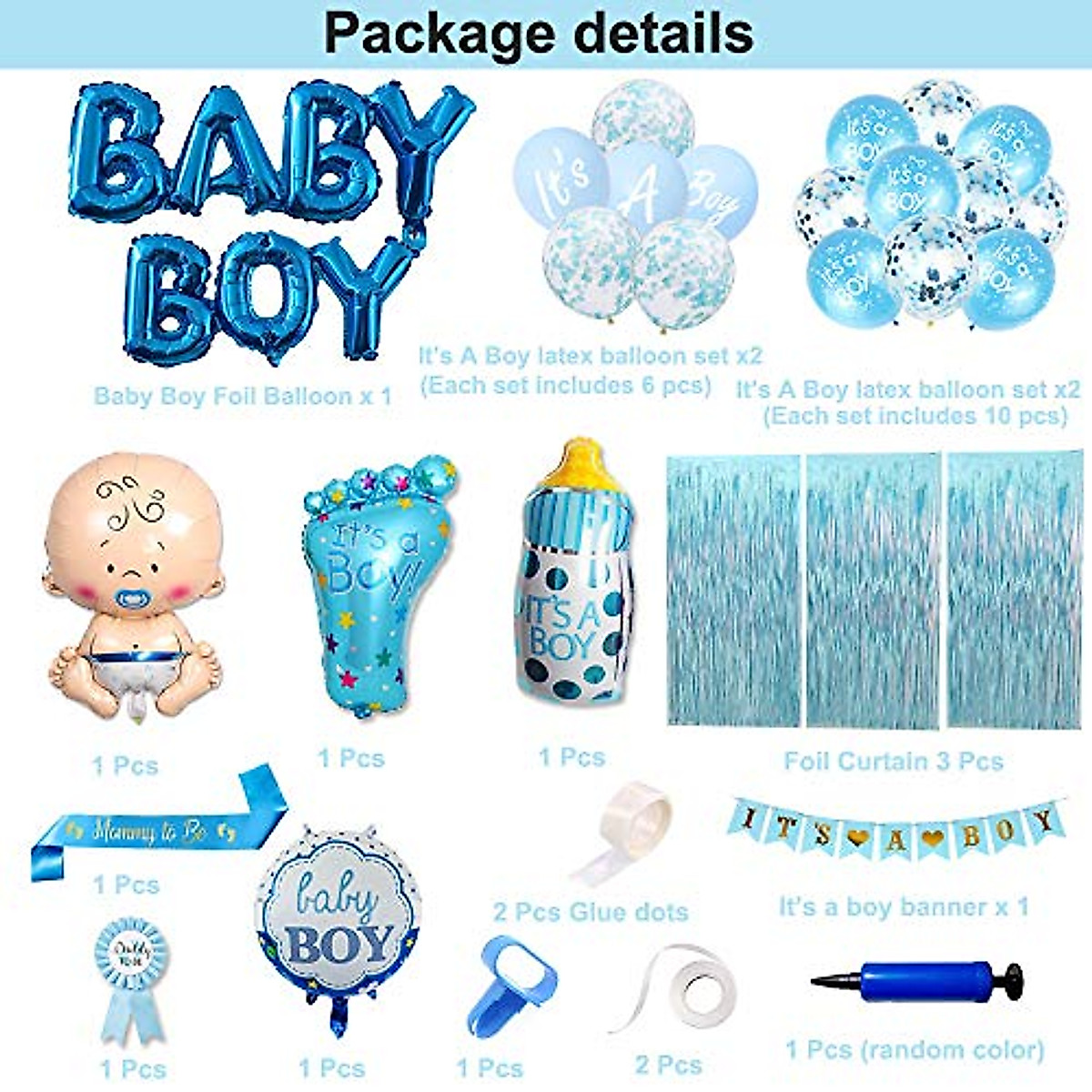 Baby Shower Decorations for Boy, It's A Boy Baby Shower Decorations Set, Mom To Be Sash, Baby Boy Foil Balloons, Its A Boy Banner, Large Baby Bottle Balloon, It's A Boy Balloons,Blue Foil Curtains for Baby shower