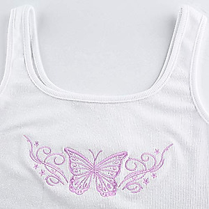 FAIMILORY Women's Basic Summer Embroidered Butterfly Ribbed Crop Tank Tops (ButterflyWhite, M)