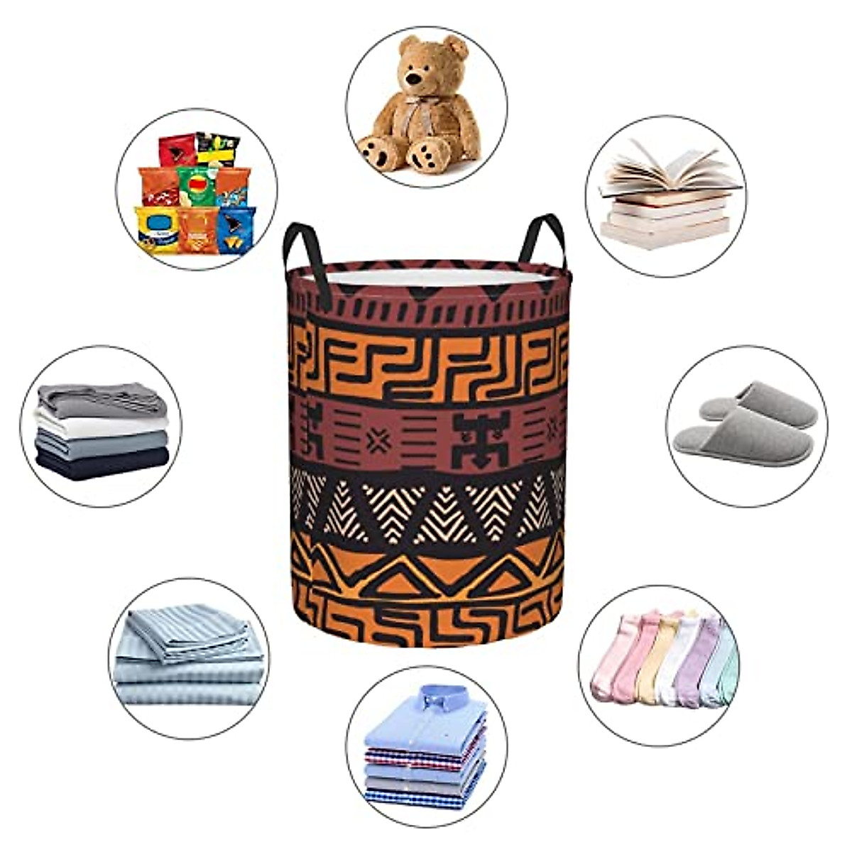African Mud Cloth Tribal Round Waterproof Storage Box Organizer Round Laundry Basket Portable Dirty Clothes Bag With Handle Suitable For Bedroom, Books, Toy Medium