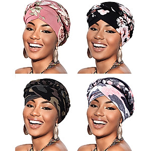 SATINIOR 4 Pieces African Women Turban Cap Head Wraps Beaded Headscarf Beanie Wrap (Camouflage Color,Camouflage Style)