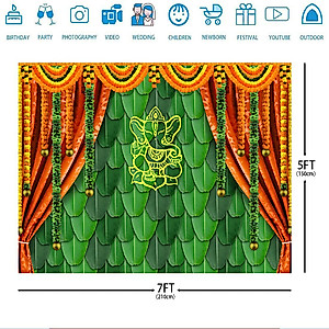 Ticuenicoa 7x5ft India Pooja Traditional Photography Backdrop Banana Leaf Green Chatiya Ganesh Background Puja Ganpati Pooja Mehndi backdrops Decorations Wedding Party Marigold Garlands Photo Props