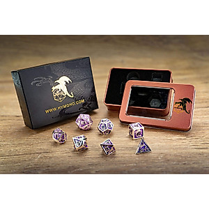 HYMGHO DND Dice Set Copper Dragon dice Enamel Green zamak with dice Box D&D Polyhedral Dice for Dungeons and Dragons dice Trpg 7 Pieces die Tabletop Games Board Gaming dice Vault