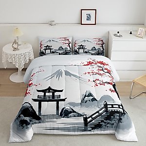 Erosebridal Japanese Style Bedding Set Cherry Blossoms Comforter Set,Mount Fuji Quilt Set Branches Sakura Flowers Down Comforter,Ink Painting Style Vintage Luxury Bedroom Decor Kids Teens Adults,Queen