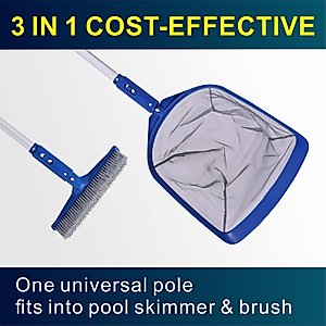 POOLAZA Pool Skimmer Net & Pool Brush Head with 50'' Aluminum Pool Pole, Fine Mesh Pool Net Skimmer Plus 14" Sturdy Pool Brushes for Cleaning Pool Walls, Ideal Pool Cleaning Kit for Above Ground Pool