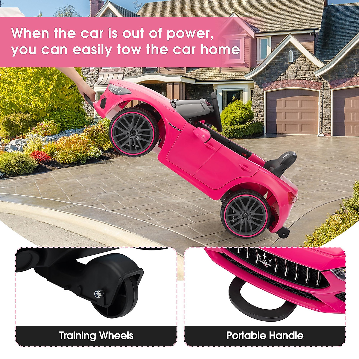 TOBBI Kids Ride on Car, 12V Licensed Maserati Ghibli, Electric Car for Boy Girl with Remote Control, 3 Speeds, Music, Bright Lights, MP3, USB, Electric Vehicle for Kids Ages 3-6 Years, Pink