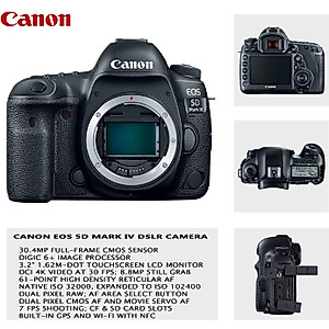 Canon EOS 5D Mark IV DSLR Camera w/ 24-105mm STM Lens + Canon EF 75-300mm III Lens, Canon 50mm f/1.8, 500mm Lens & 650-1300mm Lens + Deluxe Backpack + 128GB Memory + Monopod + Professional Bundle
