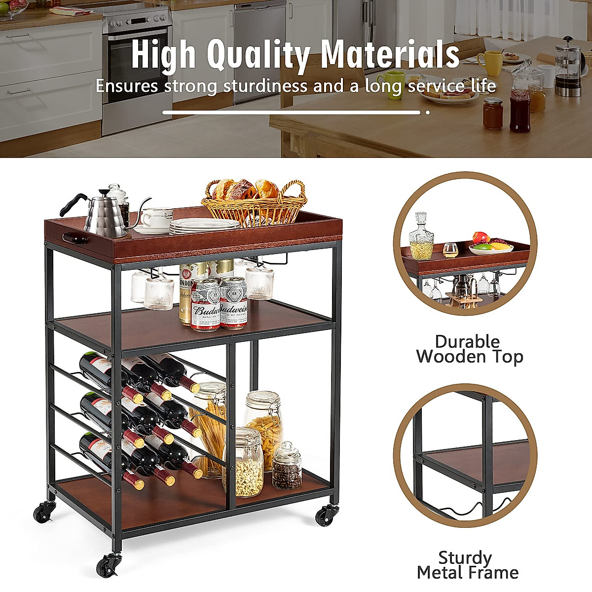 COSTWAY Kitchen Rolling Island Cart, with 9-Bottle Wine Racks & Glass Holders, Utility Beverage Cart Trolley with Lockable Wheels for Home Kitchen, Wooden and Metal Frame, Rustic Brown